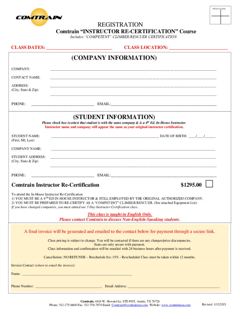 Fillable Online COMTRAIN REGISTRATION Tower Climbing Safety and Rescue ...