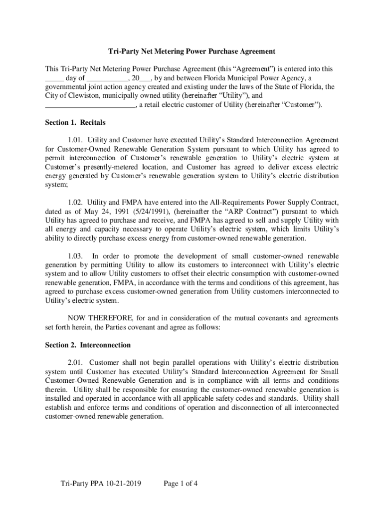 Fillable Online Tri-Party Net Metering Power Purchase Agreement ...