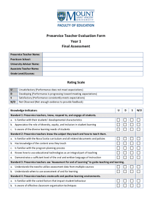 Fillable Online Preservice Teacher Evaluation Form Year 1 Final ...