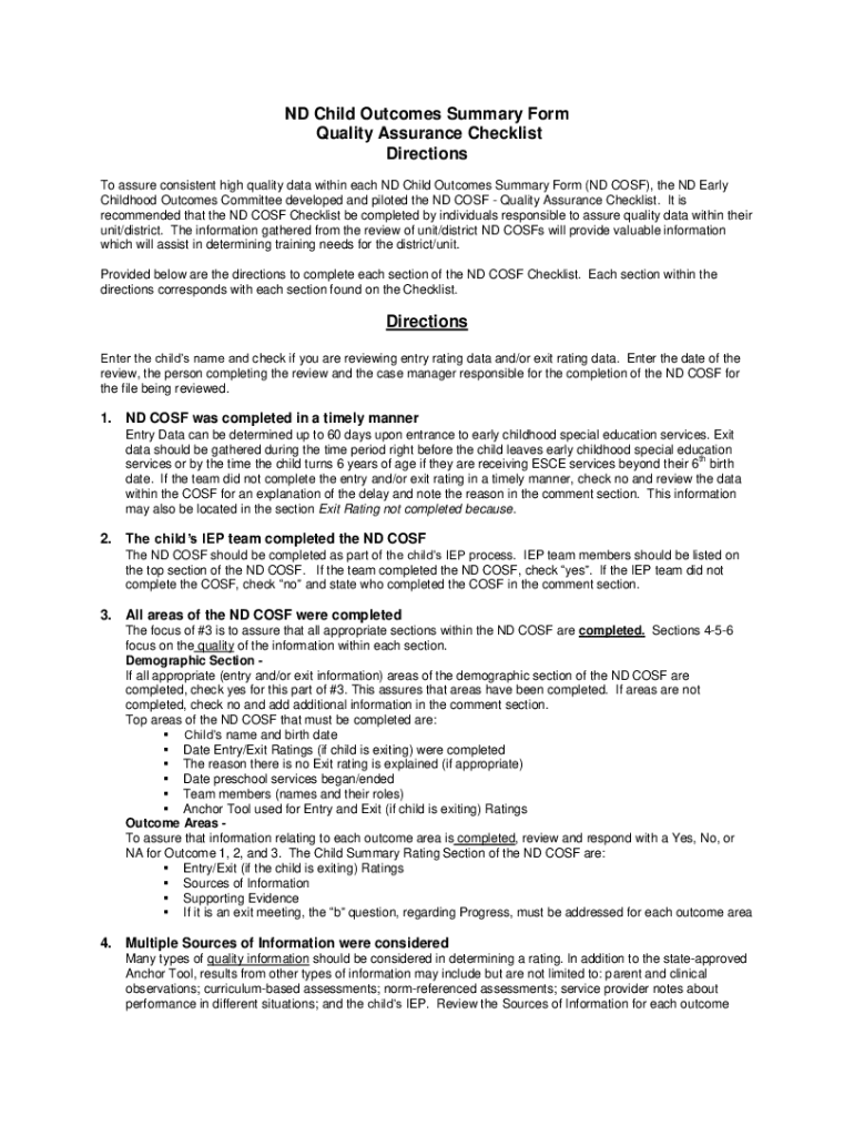 Fillable Online Quality Assurance Checklist for the ND Child Outcome ...