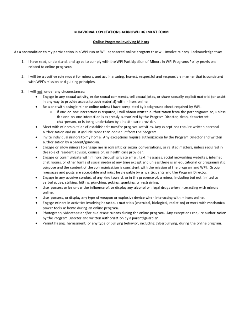 Fillable Online BEHAVIORAL EXPECTATIONS ACKNOWLEDGEMENT FORM Online ...