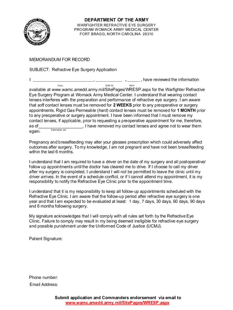Fillable Online Fillable Online WARFIGHTER REFRACTIVE EYE SURGERY Fax ...