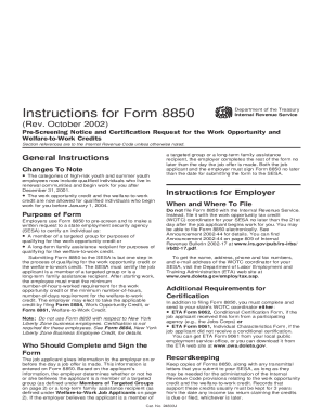 Fillable Online Instructions for Form 8850 (Rev. October 2002 ...