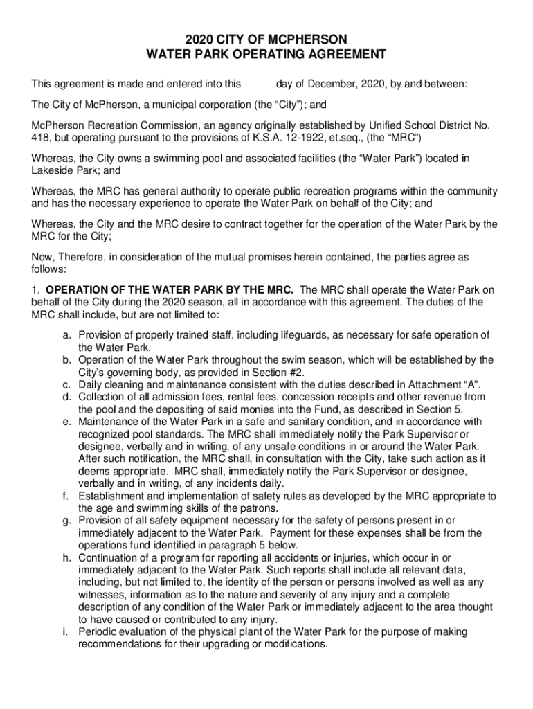 Fillable Online 2020 CITY OF MCPHERSON WATER PARK OPERATING AGREEMENT ...