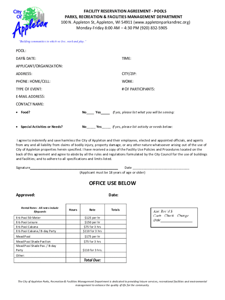Fillable Online Pool Reservation Agreement Form - Appleton Parks and ...