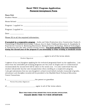 Fillable Online Excel TECC Program Application Parental Acceptance Form ...
