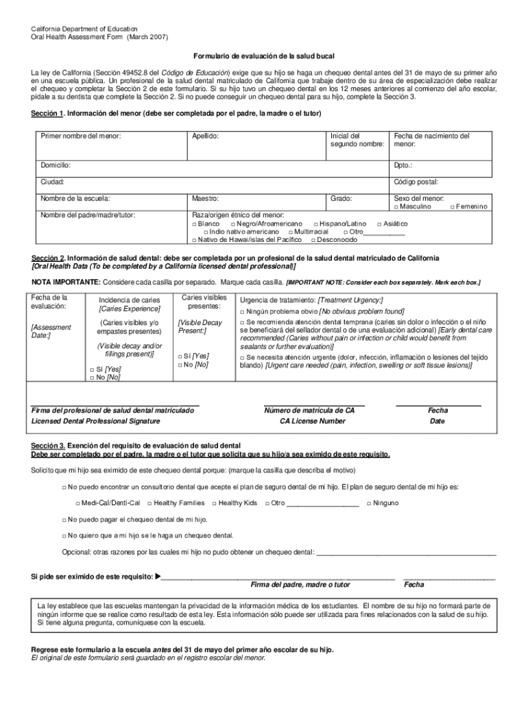 Fillable Online Oral Health Assessment Form - healthiersf.org Fax Email ...