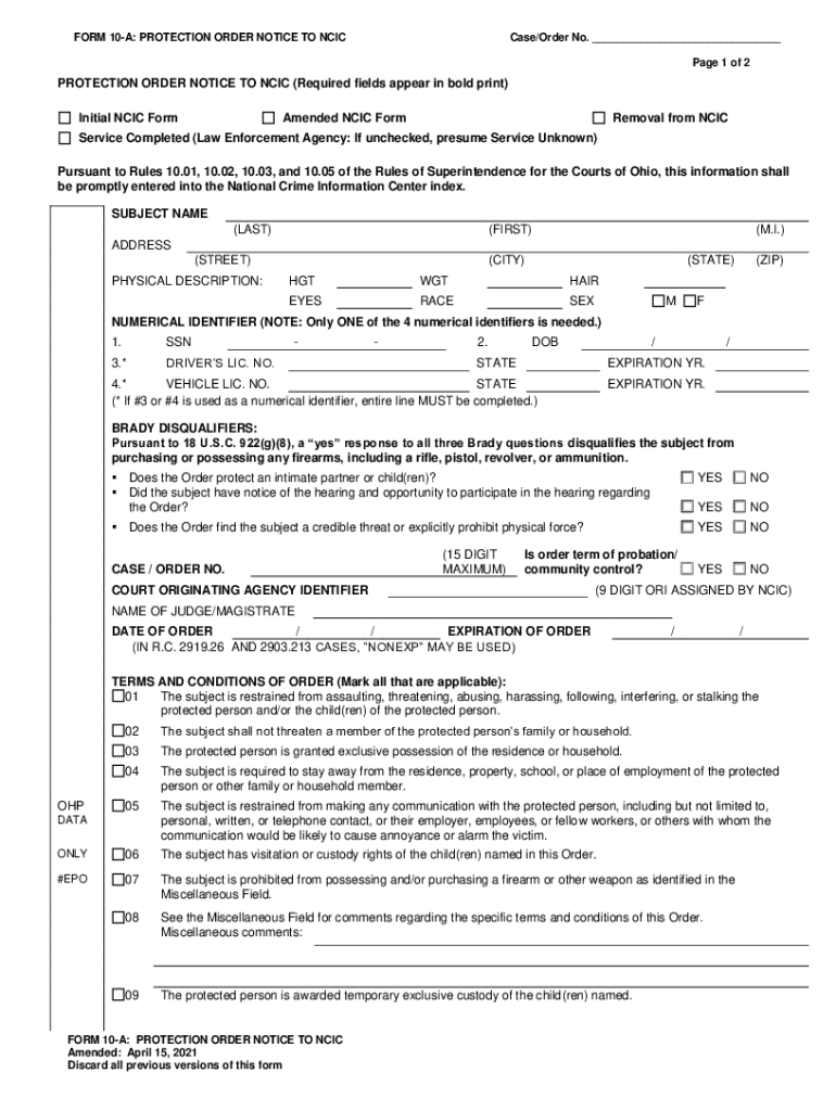 Fillable Online sc ohio PROTECTION ORDER NOTICE TO NCIC (Required ...