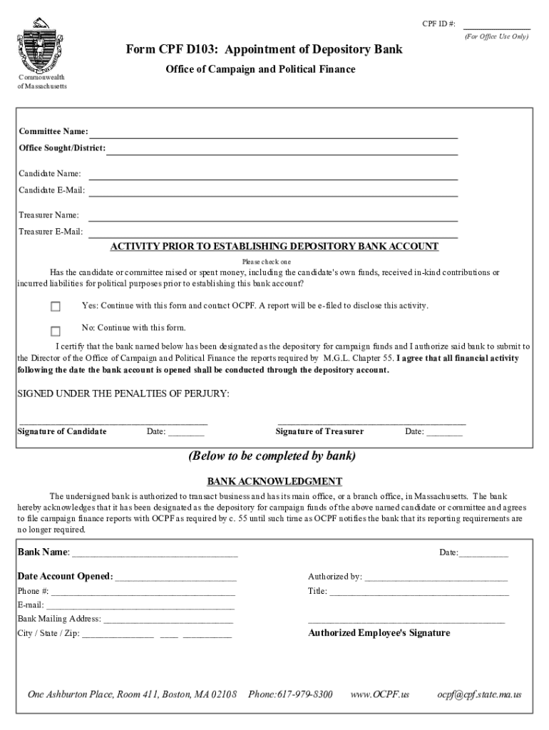 Fillable Online (For Office Use Only) Form CPF D103: Appointment of ...OCPF - Welcome to the ...