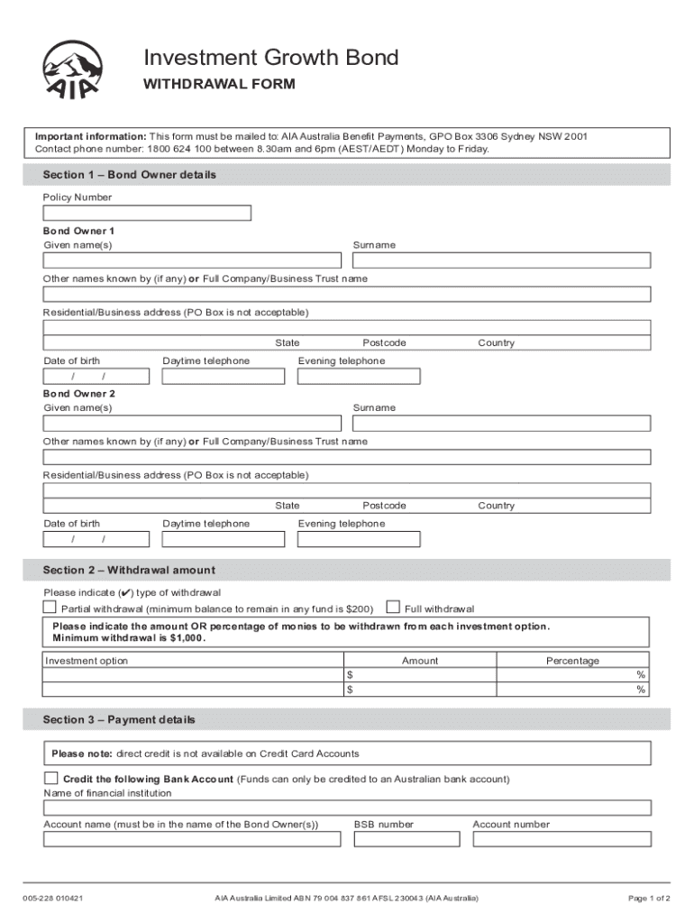 Fillable Online Investment Growth Bond - AIA Australia Fax Email Print ...
