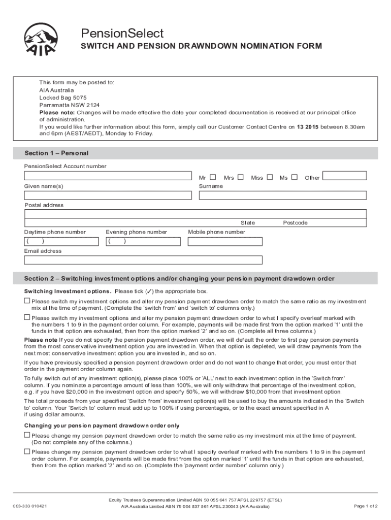 Fillable Online PensionSelect Switch and Pension Drawdown Nomination ...