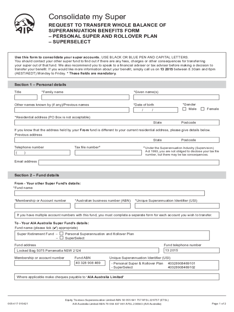 Fillable Online REQUEST TO TRANSFER WHOLE BALANCE OF SUPERANNUATION ...