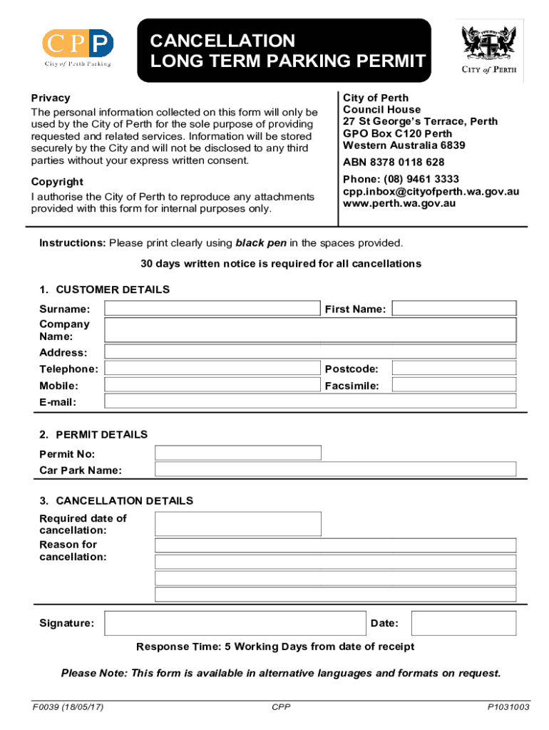 Fillable Online Long Term Parking Application Form - City of Perth ...