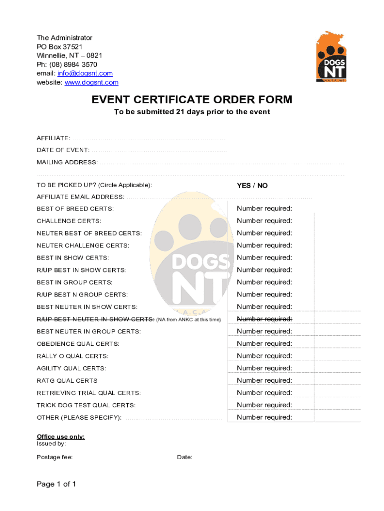 Fillable Online DNT Event Certificate order Form Fax Email Print ...