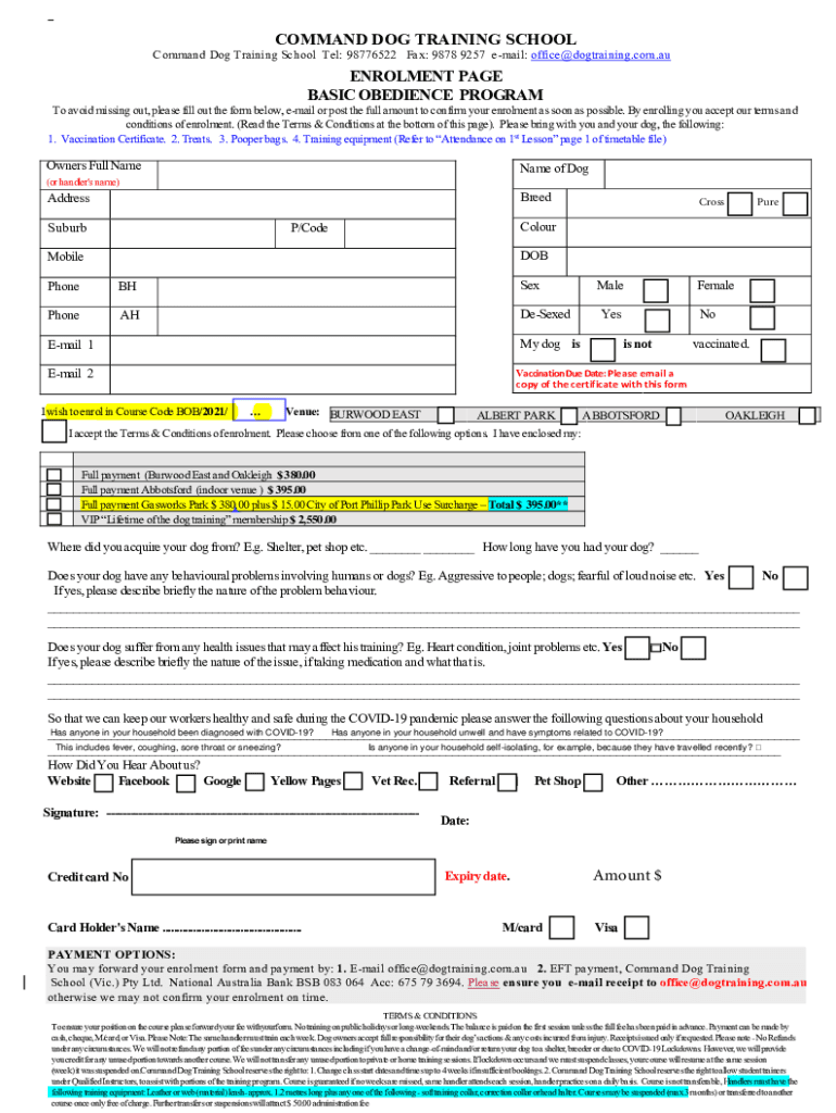 Fillable Online Basic Obedience Enrolment form with Fillable Fields Fax Email Print PdfFiller