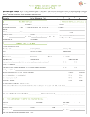 Fillable Online Motor Vehicle Insurance Claim Form -Theft/Attempted ...