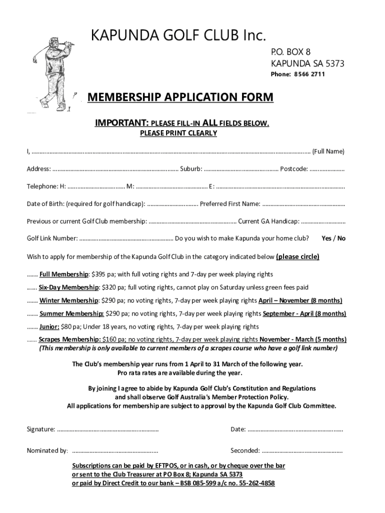 Fillable Online KAPUNDA GOLF CLUB Inc Fax Email Print - pdfFiller