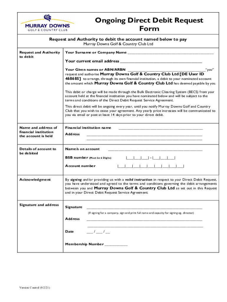 Fillable Online Direct Debit Authority Request Form Template in ...