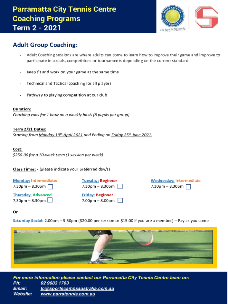 Fillable Online Parramatta City Tennis Centre Coaching Programs Term 1 ...