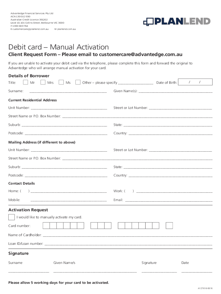 Fillable Online Debit Card Manual Activation Form. Debit Card Manual ...