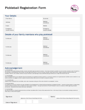 Fillable Online Social Pickleball 0 Family Members Registration Form ...