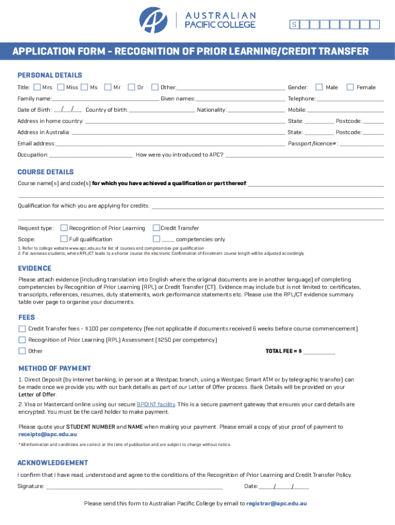 Fillable Online Application for Recognition of Prior Learning RPL ...