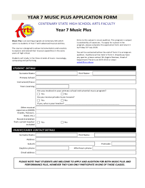 Fillable Online centenaryshs eq edu YEAR 7 MUSIC PLUS APPLICATION FORM ...