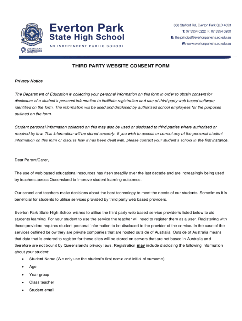 Fillable Online evertonparkshs eq edu Third Party Website Consent ...