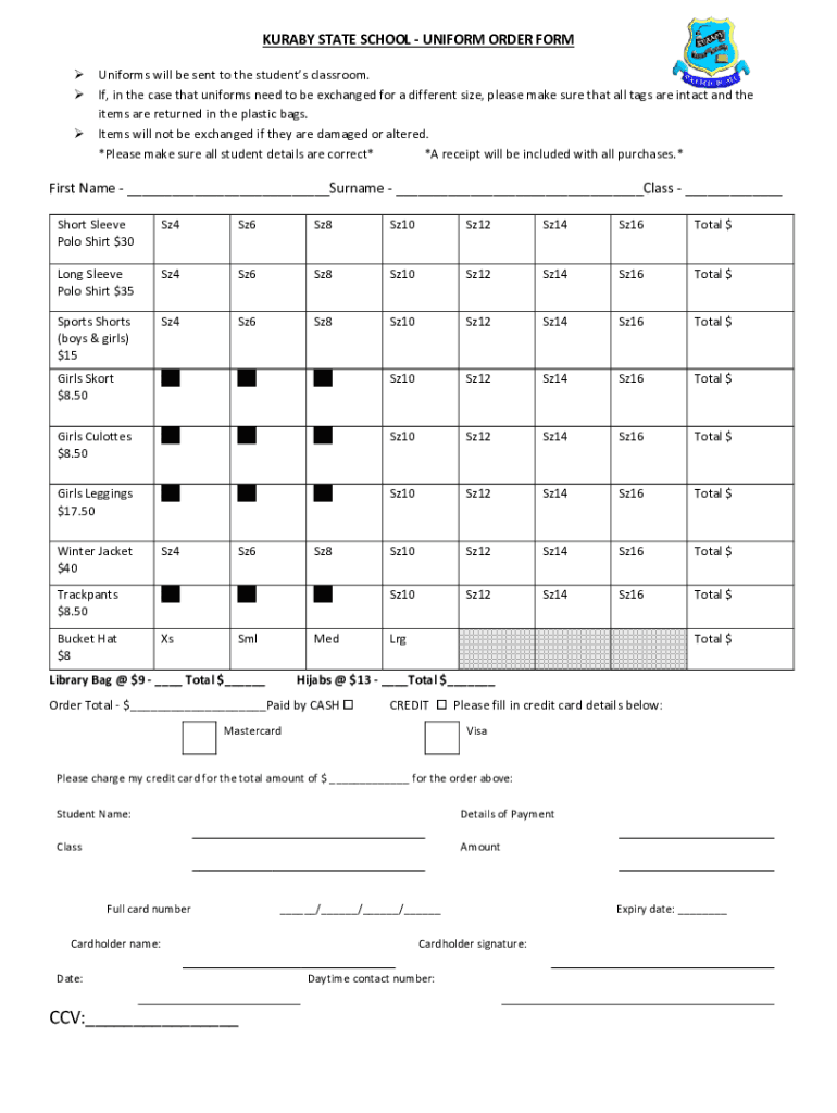 Fillable Online FREE 12+ Uniform Order Forms in PDFMS WordExcelFREE 12 ...