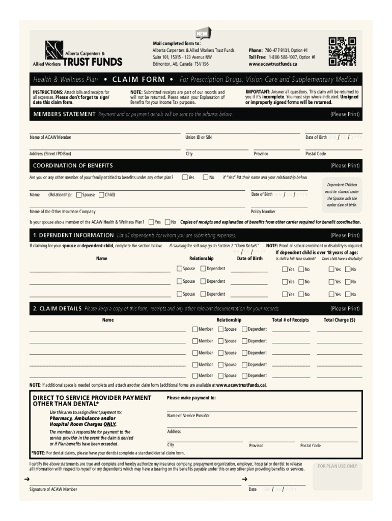 Fillable Online Health And Wellness Claim Form : ACAW Trust FundsACAW ...