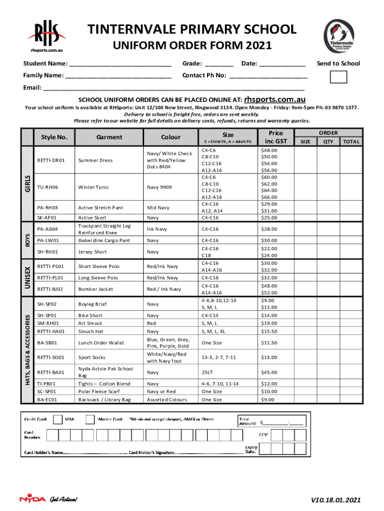 Fillable Online UNIFORM ORDER FORM 2021 - Tinternvale Primary School ...