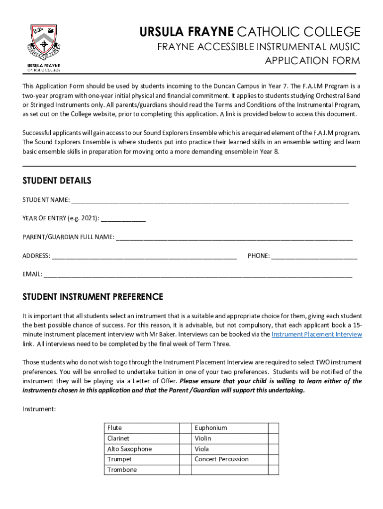Fillable Online FRAYNE ACCESSIBLE INSTRUMENTAL MUSIC APPLICATION FORM ...