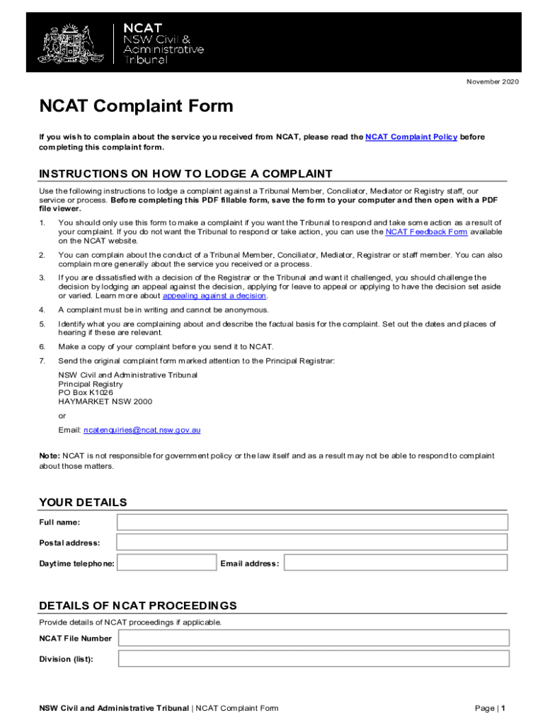 Fillable Online NCAT Complaint Form. Use this form if you want to ...