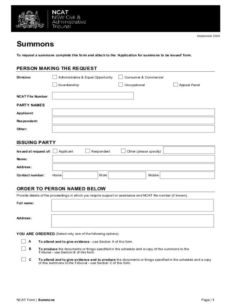 Fillable Online Summons form. Use this form to provide details of the ...