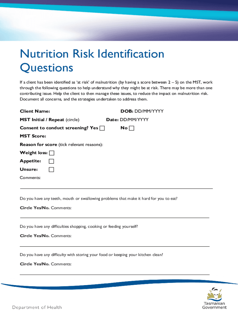 Fillable Online Nutrition risk identification questions form Fax Email ...