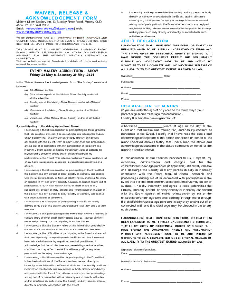 Fillable Online malenyshowsociety org Free Release of Liability ...
