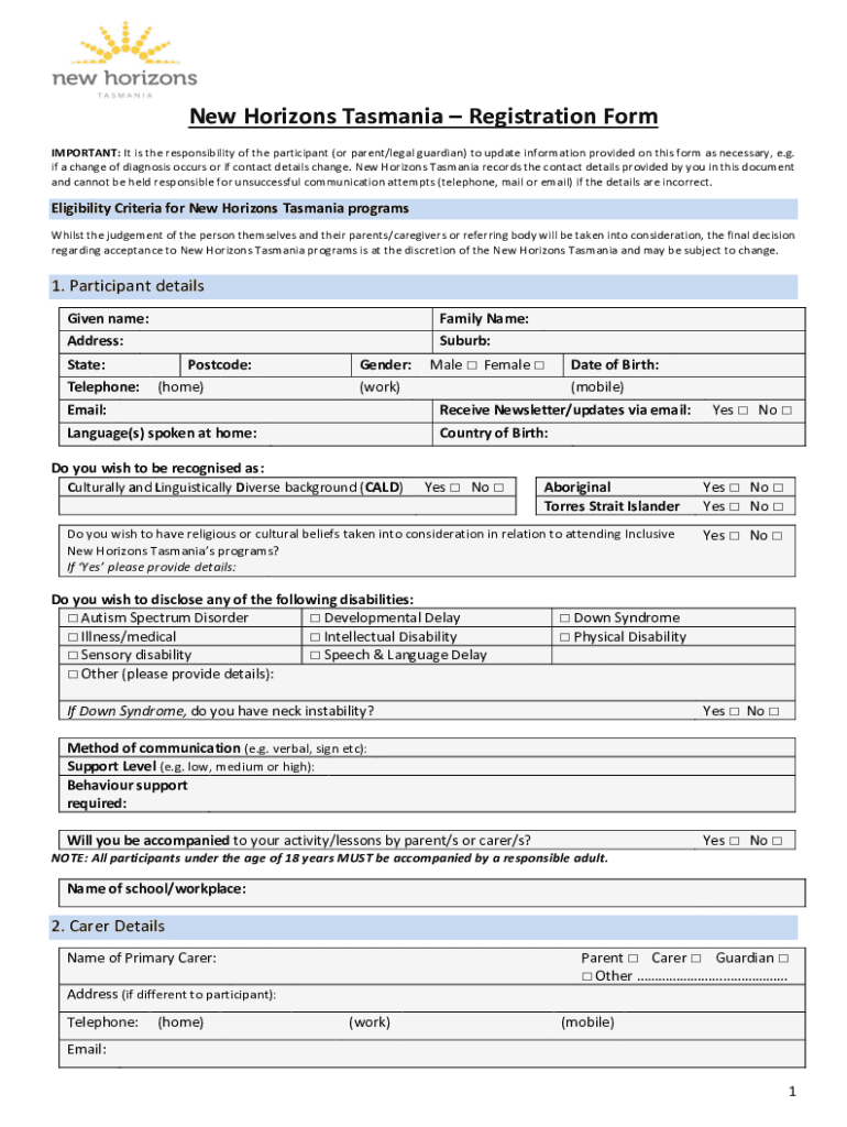 Fillable Online New Horizons Tasmania Registration Form Fax Email Print - pdfFiller