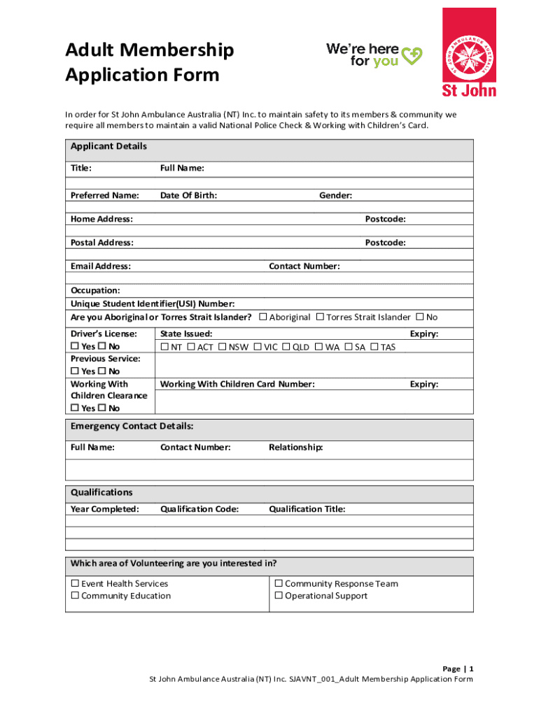 Fillable Online stjohnnt org St John Ambulance Australia (NT) Inc ...