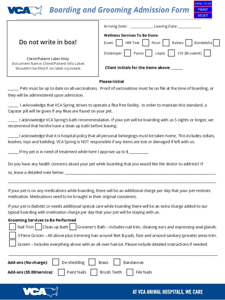 Fillable Online Boarding and Grooming Admission Form - VCA Animal ...
