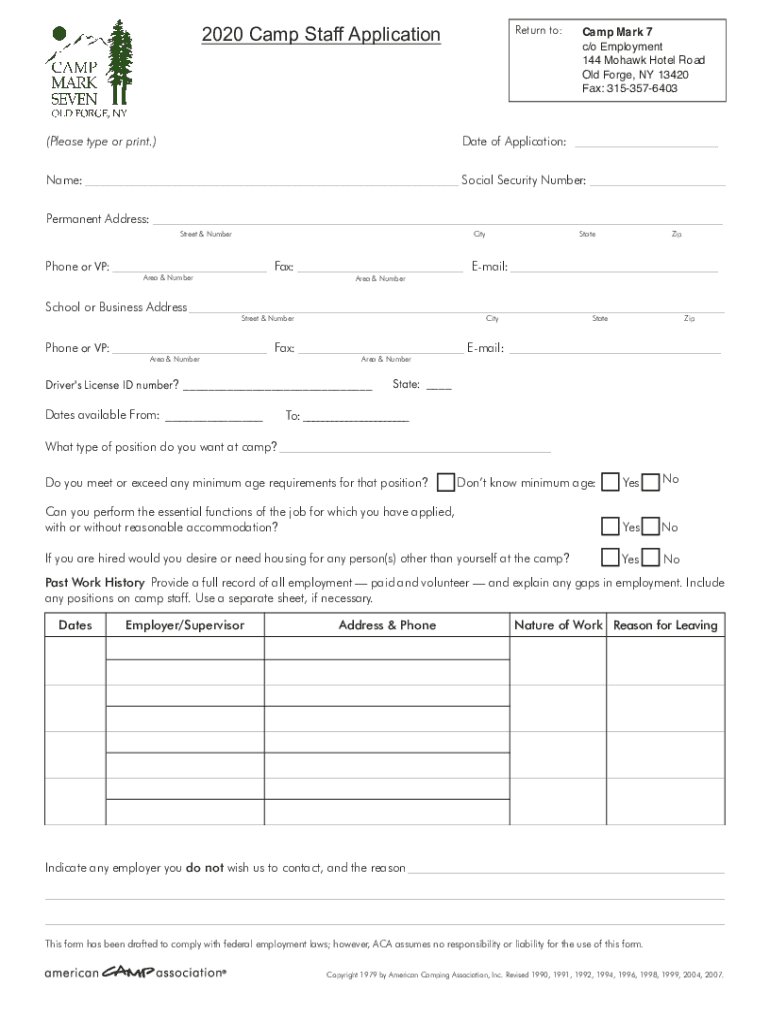 Fillable Online 2020 Camp Staff Application - Camp Mark Seven Fax Email ...