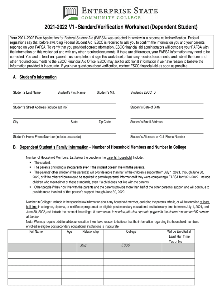 Fillable Online 2021-2022 V-1 Standard Dependent Verification Worksheet (1) (1) Fax Email Print ...