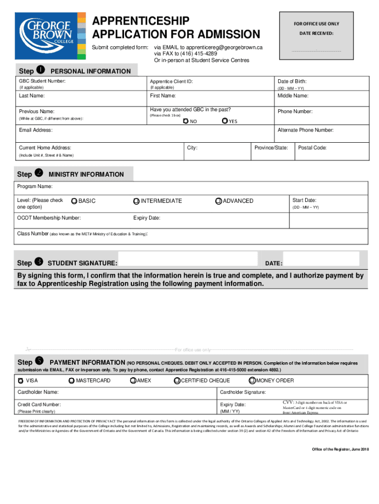 Fillable Online Apprenticeship Application for Admission. Application to register and submit ...