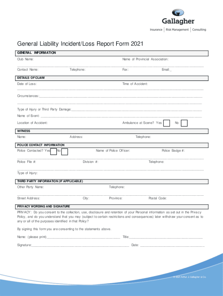 Fillable Online General Liability Incident/Loss Report Form 2021 Fax ...