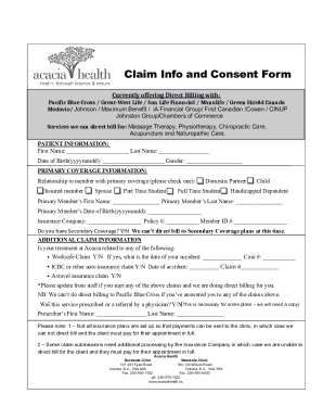 Fillable Online Claim Info and Consent Form - Acacia Health Fax Email ...