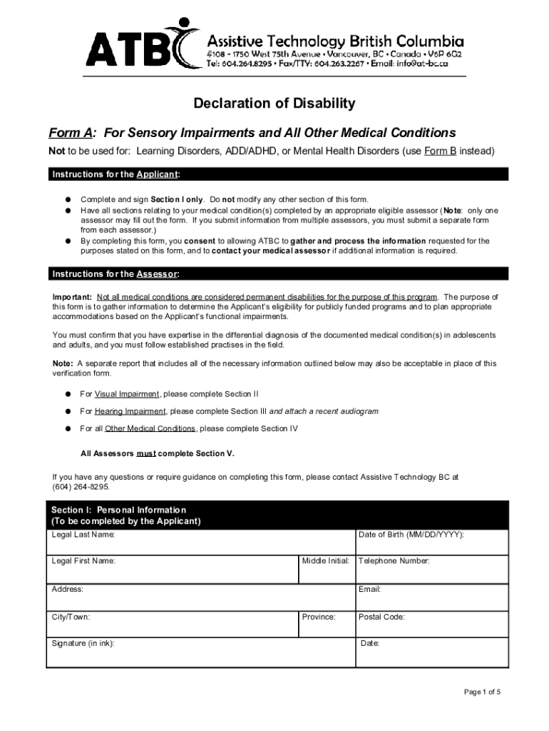 Fillable Online Declaration Of Disability - Assistive Technology BC ...