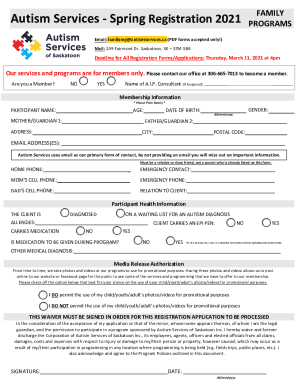 Fillable Online Autism Services Spring Registration 2021 FAMILY Fax ...