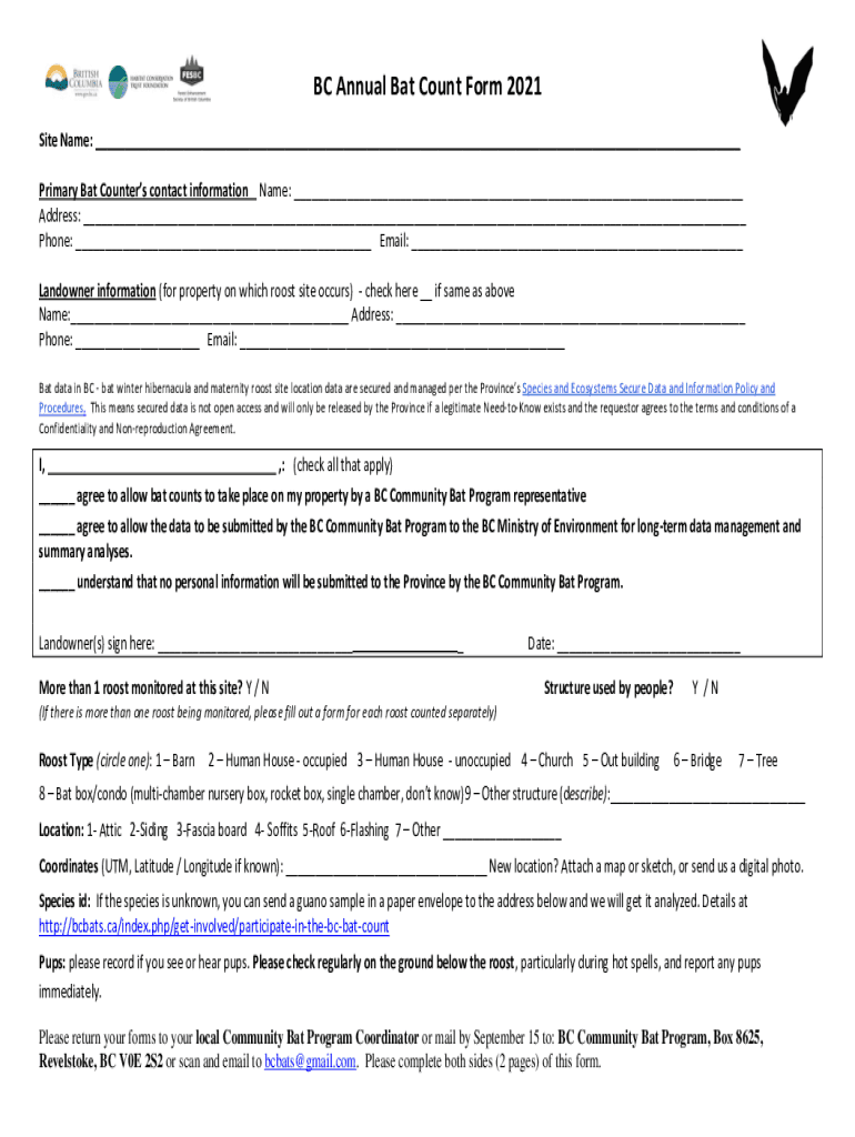 Fillable Online BC Annual Bat Count Form 2021 - BC Bats Fax Email Print ...
