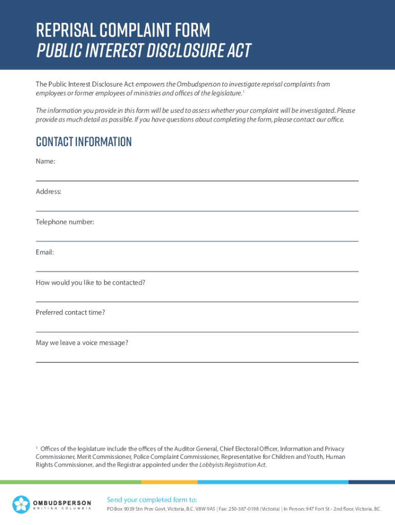 Fillable Online Reprisal Complaint Form Public Interest Disclosure Act ...