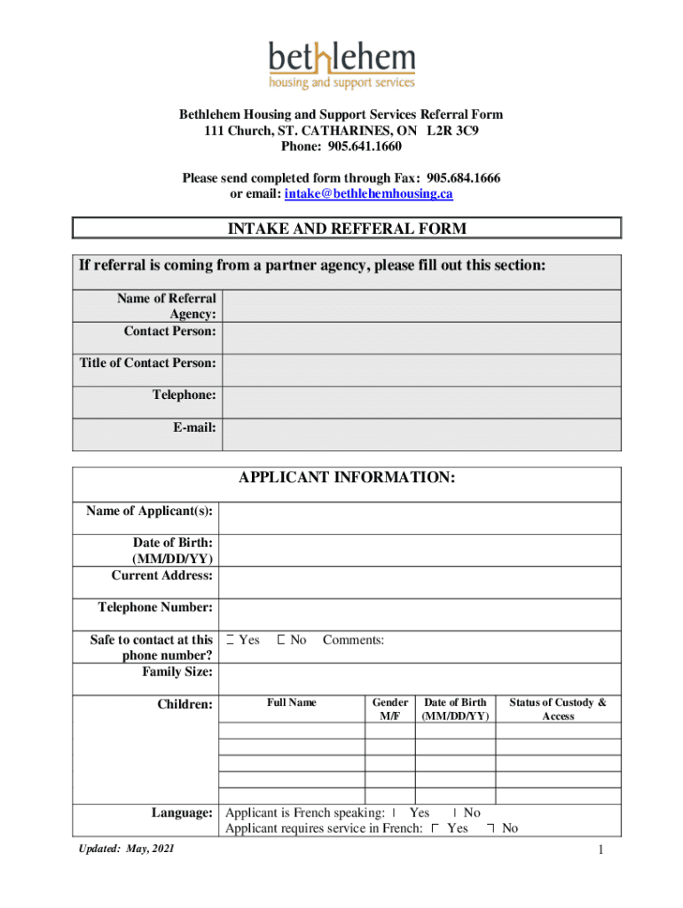 Fillable Online INTAKE AND REFFERAL FORM If referral is coming from a ...