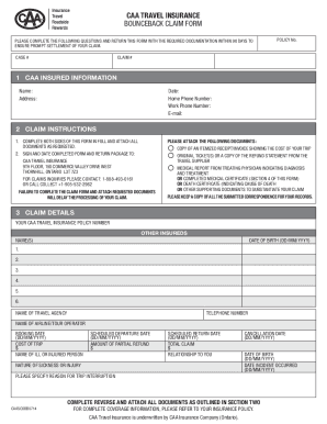Fillable Online CAA TRAVEL INSURANCE BOUNCEBACK CLAIM FORM Fax Email Print - pdfFiller